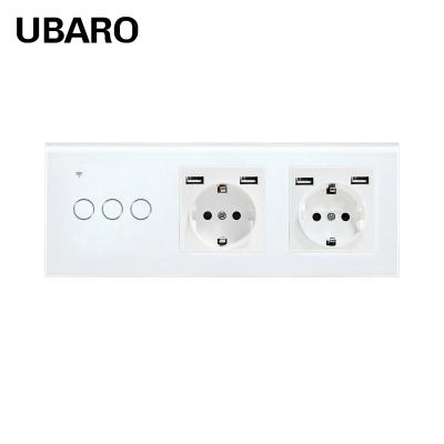 China UBARO 228 Type 3-Gang Smart Switch Socket with Tuya WiFi Voice Control Tempered Glass Panel and 4 USB Ports for sale