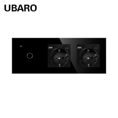 China UBARO Black 228 Smart Switch with Tuya WiFi Voice Control Dual EU Sockets USB-A Type-C Ports Tempered Glass Panel for sale