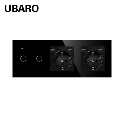 China UBARO Smart WiFi Touch Light Switch with Dual USB-A Ports and Tuya Smart System in Black Tempered Glass Panel for sale