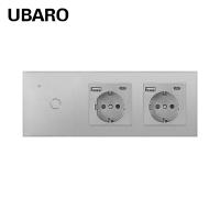 China UBARO Smart WiFi Touch Light Switch with Dual EU Schuko Outlets and USB-A + Type-C Ports featuring Voice Control and Tempered Glass Panel for sale