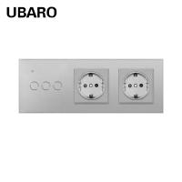 China UBARO Smart WiFi 3-Gang Touch Light Switch with Voice Control Remote App and Dual EU Schuko Outlets IP20 Tempered Glass Wall Plate for sale