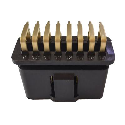 China 16-Pin 24V OBD2 PCB Mounted Right Angle Male Connector - Gold Plated PA66/Brass Automotive Diagnostic Port for sale