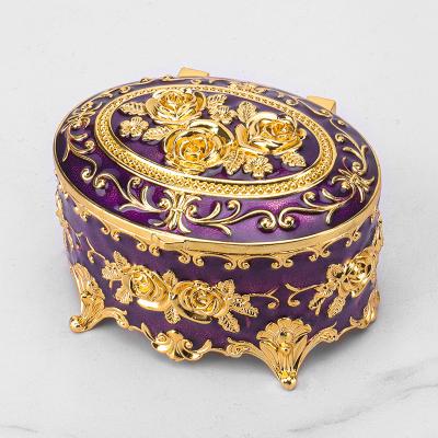 China Rose Enamel Oval Metal Jewelry Organizer Box One Layer Gold Purple Color for sale