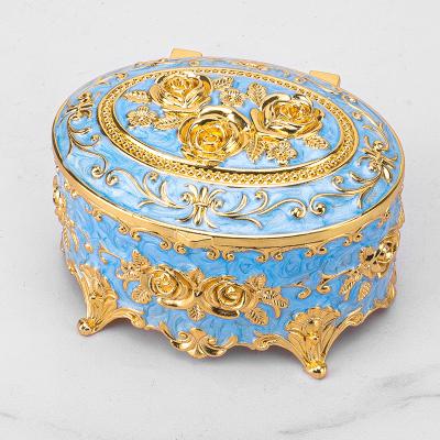 China Gold Sky Blue Rose Enamel Metal Jewelry Storage Organizer Box With Gold Plating 8.9x5.9cm for sale