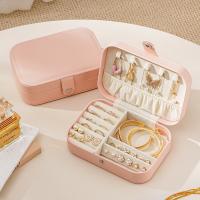 China Peach Pink Square Medium Travel Jewelry Organizer Box with PU Leather and Velvet Lining for sale