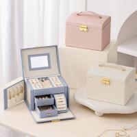 China Pink 3 Layer Large Capacity Jewelry Box with Mirror and Portable Handle for sale