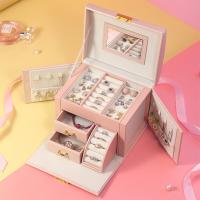 China Pink 3 Layer Large Capacity Jewelry Box with Mirror and Portable Handle for sale