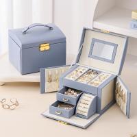 China Blue PU Leather Jewelry Organizer Box with Mirror 18 × 15 × 14 cm for sale