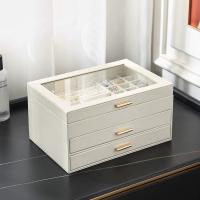 China Desktop PU Leather Jewelry Organizer Box 3 Layer with Glass Lid Magnetic Closure for sale