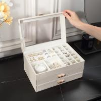 China Desktop PU Leather Jewelry Organizer Box 3 Layer with Glass Lid Magnetic Closure for sale
