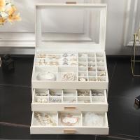 China Desktop PU Leather Jewelry Organizer Box 3 Layer with Glass Lid Magnetic Closure for sale