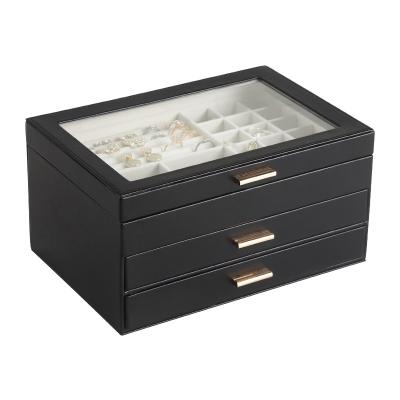 China Magnetic Closure PU Leather Jewelry Box 3 Layer Desktop with Removable Dividers Glass Lid for sale
