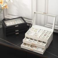 China Magnetic Closure PU Leather Jewelry Box 3 Layer Desktop with Removable Dividers Glass Lid for sale