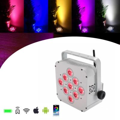 China Wedding Rechargeable DMX Wireless Battery Powered 6in1 RGBWAP 9*18w LED Flat Par Light With IR Controller for sale