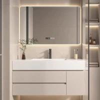 China Cream Butter Style Mirrored Bathroom Vanity Cabinet With Seamless Splicing Basin for sale