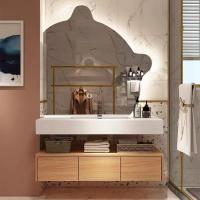 China 120cm-180cm Solid Wood Bathroom Vanity Artificial Stone Wash Basin Cabinet Set for sale