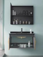 China Grey Black Ceramic Wash Basin Cabinet Set Aluminium Mirrored Bathroom Cabinet Vanity for sale
