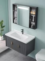 China Grey Black Ceramic Wash Basin Cabinet Set Aluminium Mirrored Bathroom Cabinet Vanity for sale