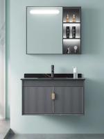 China Grey Black Ceramic Wash Basin Cabinet Set Aluminium Mirrored Bathroom Cabinet Vanity for sale
