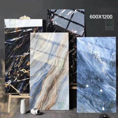 China Apartment Glazed Polished Porcelain Tiles 60x120 Full Body Blue Glossy Interior for sale
