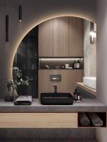 China Hotel Bathroom Vanity Wall Half Round Mirror Customized Led Backlit Defogger for sale