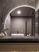 China Hotel Bathroom Vanity Wall Half Round Mirror Customized Led Backlit Defogger for sale