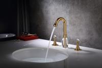 China Deck Mounted Gold Widespread Bathroom Faucet 3 Hole 2 Handle Solid Brass for sale