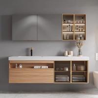 China Stereoscopic Mirror Bathroom Vanity Units , Ceramic Wood Basin Cabinet for sale