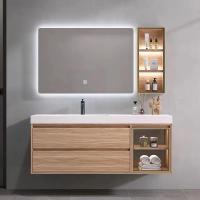 China Stereoscopic Mirror Bathroom Vanity Units , Ceramic Wood Basin Cabinet for sale