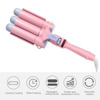 China Pink PTC 3 Barrel Curling Iron Wand With LCD Temperature Dual Voltage Hair Curler for sale