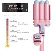 China Pink PTC 3 Barrel Curling Iron Wand With LCD Temperature Dual Voltage Hair Curler for sale