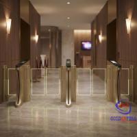China Silent Sliding Speed Gate ZKTech Compatible High Glass Barrier QR Ticket Turnstile for Indoor Theater and Cinema CE for sale