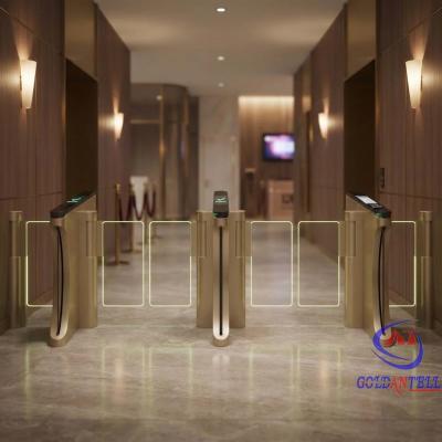 China Silent Sliding Speed Gate ZKTech Compatible High Glass Barrier QR Ticket Turnstile for Indoor Theater and Cinema CE for sale
