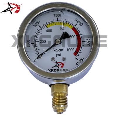 China 15000 PSI Liquid Filled Pressure Gauge 63mm Radial Mount Brass Connection for sale