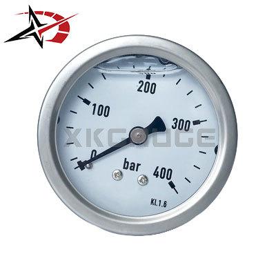 China Shock Resistant 63mm Liquid Filled Pressure Gauge 0-400 Bar Axial Back Stainless for Hydraulic Monitoring for sale