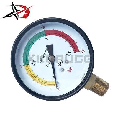 China 60mm Radial Pressure Gauge with Color Warning Scale 0‑1.5MPa 15Bar Bottom Mount Manometer for sale
