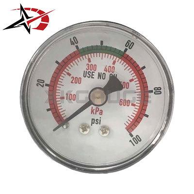 China 40mm Axial Oxygen Pressure Gauge USE NO OIL Color Scale 0‑600kPa 100PSI Dry Gauge for sale