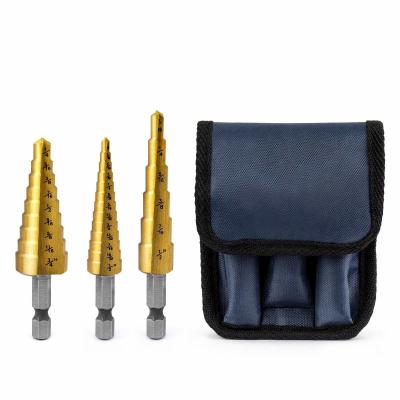 China 3Pc Titanium HSS Step Drill Bit Set Hex Shank 1/8-3/4 inch for sale