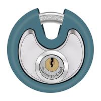 China Rarlux Waterproof Padlock Stainless Steel Disc Lock with Rubber Bumper for Gate Stainless Steel Heavy Duty Discus Keyed PadLock for sale