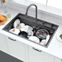 China Kitchen Furniture Workstation Black Undermount Farmhouse Single Bowl Apron Front Stainless Steel Kitchen Accessories for sale