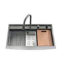 China New Arrival Farmhouse Kitchen Sink Ledge WorkstationDeep Single Bowl Stainless Steel Under Counter KitchenSink with Waterfall Faucet for sale