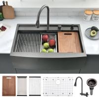 China New Arrival Farmhouse Kitchen Sink Ledge WorkstationDeep Single Bowl Stainless Steel Under Counter KitchenSink with Waterfall Faucet for sale