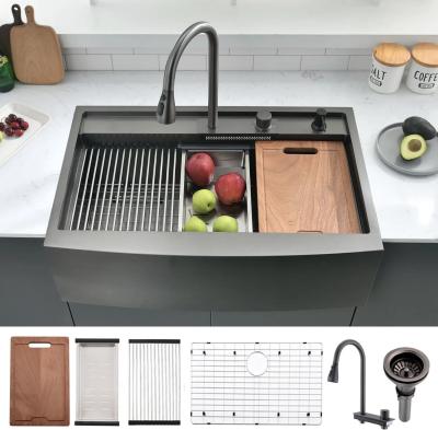 China New Arrival Farmhouse Kitchen Sink Ledge WorkstationDeep Single Bowl Stainless Steel Under Counter KitchenSink with Waterfall Faucet for sale
