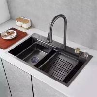 China Stainless Steel Nano Step Handmade Above Mount Waterfall Faucet Multifunction Single Bowl Kitchen Sinks for the Kitchen for sale