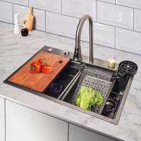 China Stainless Steel Nano Step Handmade Above Mount Waterfall Faucet Multifunction Single Bowl Kitchen Sinks for the Kitchen for sale