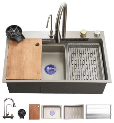 China Stainless Steel Nano Step Handmade Above Mount Waterfall Faucet Multifunction Single Bowl Kitchen Sinks for the Kitchen for sale