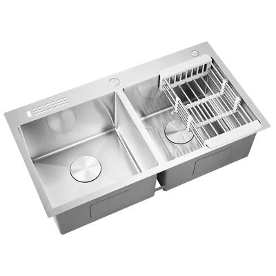 China Modern Double Rectangular Sink Above Counter Handmade 304 Stainless Steel Kitchen Sink With Colander for sale