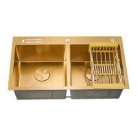 China Modern Double Rectangular Sink Above Counter Handmade 304 Stainless Steel Kitchen Sink With Colander for sale