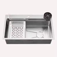 China Modern Single Bowl Kitchen Sink Faucet Handmade Stainless Steel Silver One-Hole Design with Cup Washer Hidden Faucet for sale