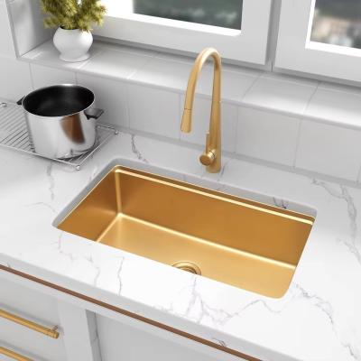 China Gold Undermount Modern Kitchen Sink 30x18 Inch 201/304 Stainless Steel Single Bowl One Hole Without Faucet with Strainer for sale